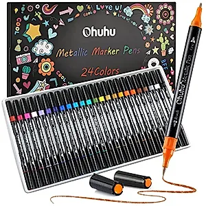 Ohuhu Dual Tip Metallic Markers Pen: 24 Colors Brush & Fine Metallic Paint Pens For Cards Writing Painting Coloring Calligraphy Glitter Marker For DIY Album Scrapbook Wood Glass