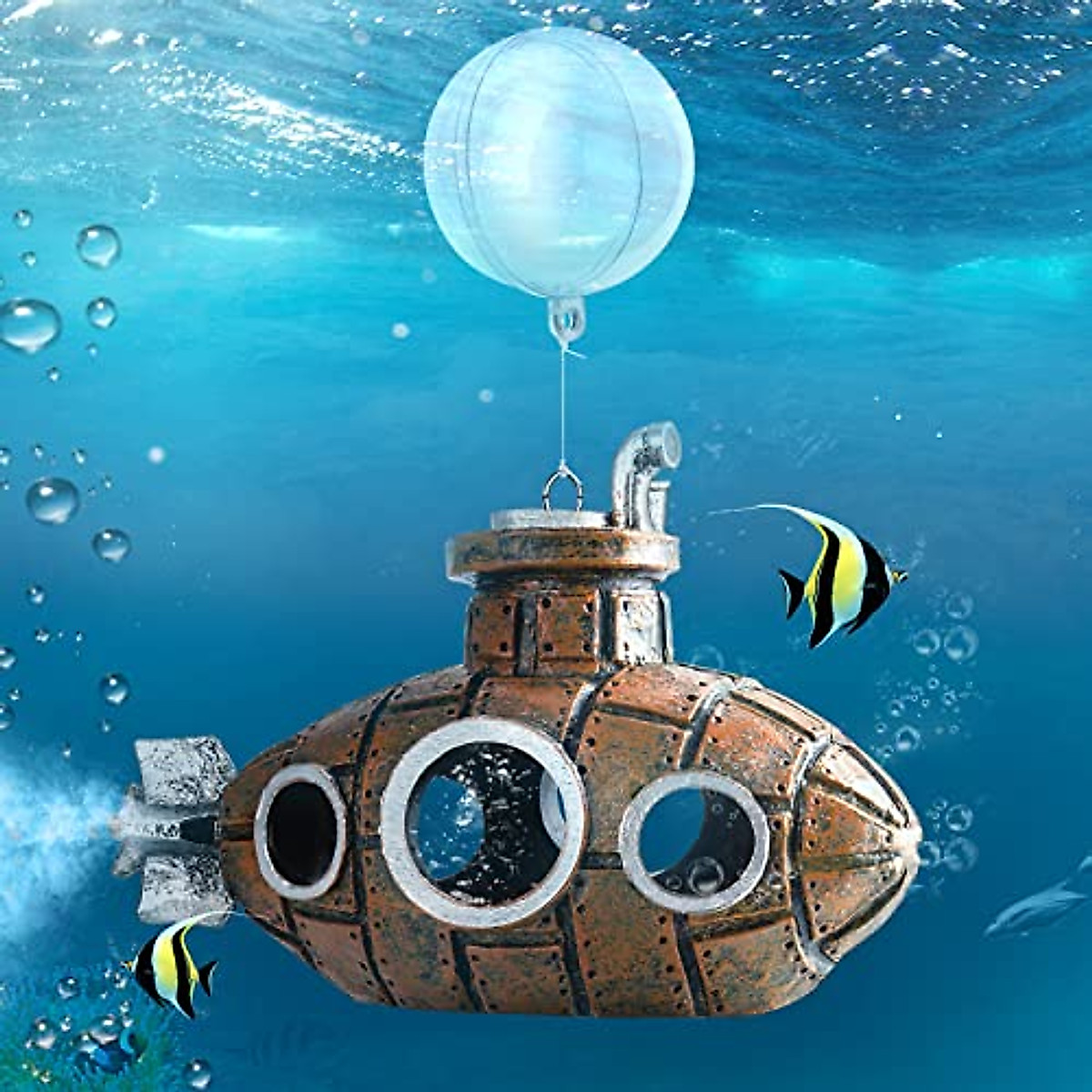 Floating Fish Tank Decoration, Little Cute Retro Submarine Aquarium Decoration with Two Float Balls , Resinous Fish Tank Accessorie, Safe Fish Toy for Betta Cichlid Goldfish Shrimps Hermit Crabs