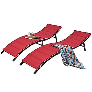 Tangkula 2 Pieces Patio Rattan Chaise Lounge, Outdoor Wicker Lounge Chair, Foldable Chaise Lounge, Suitable for Poolside, Garden, Balcony