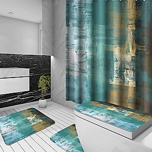 DIYCAM 4 Pcs Colorful Digital Backdrop Shower Curtain Sets, Bath Decor with Rug and Toilet Lid Cover, Modern Bathroom Curtain with 12 Hooks, 72 x 72 in