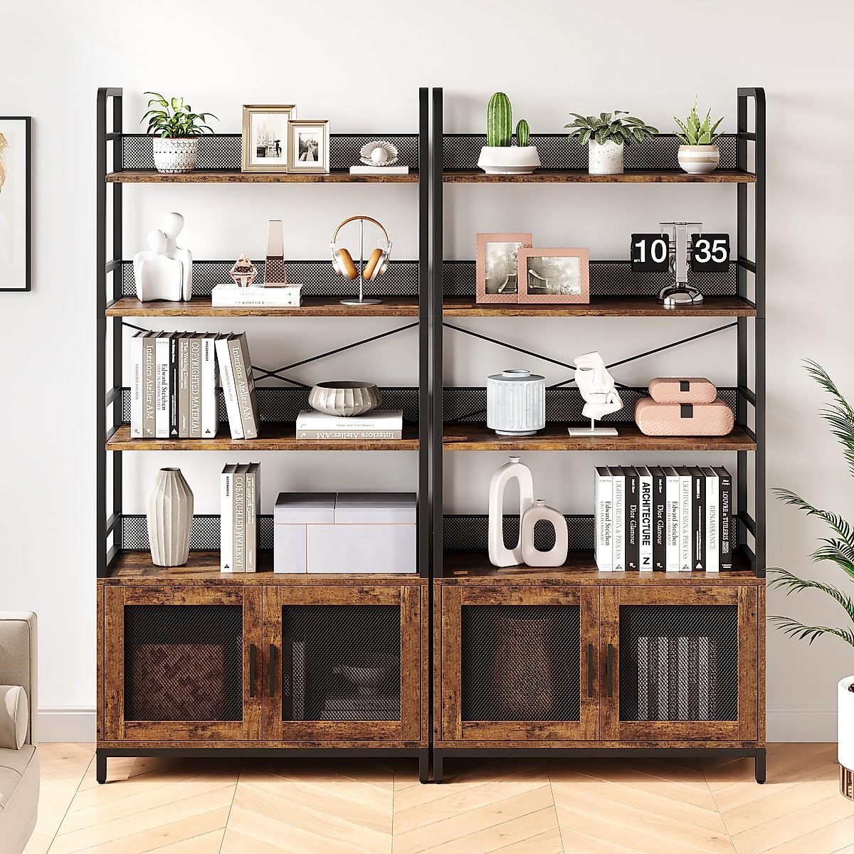GAOMON Industrial Bookshelf with Doors 70.87" Tall Bookcase with 4 Tiers Open Storage Shelf Rustic Bookshelves Display Rack Cabinet Farmhouse Bookshelf for Bedroom, Living Room, Home Office, Brown