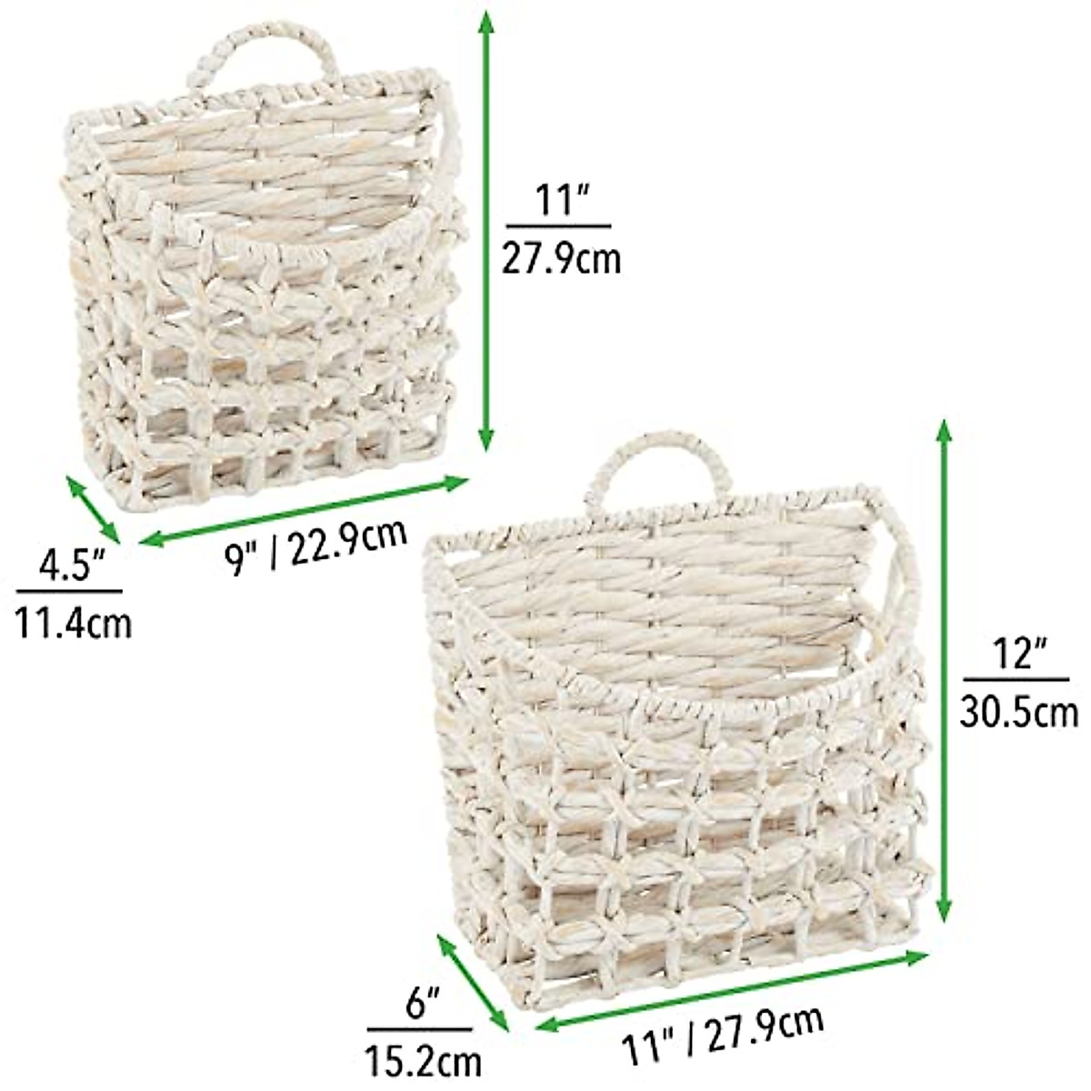 mDesign Woven Hyacinth Hanging Wall Mount Storage Organizer Basket - Rustic Hangable Mounted Market Baskets for Kitchen, Bathroom, Shelf - Holds Floral, Food, and Mail - Set of 2 - White Wash