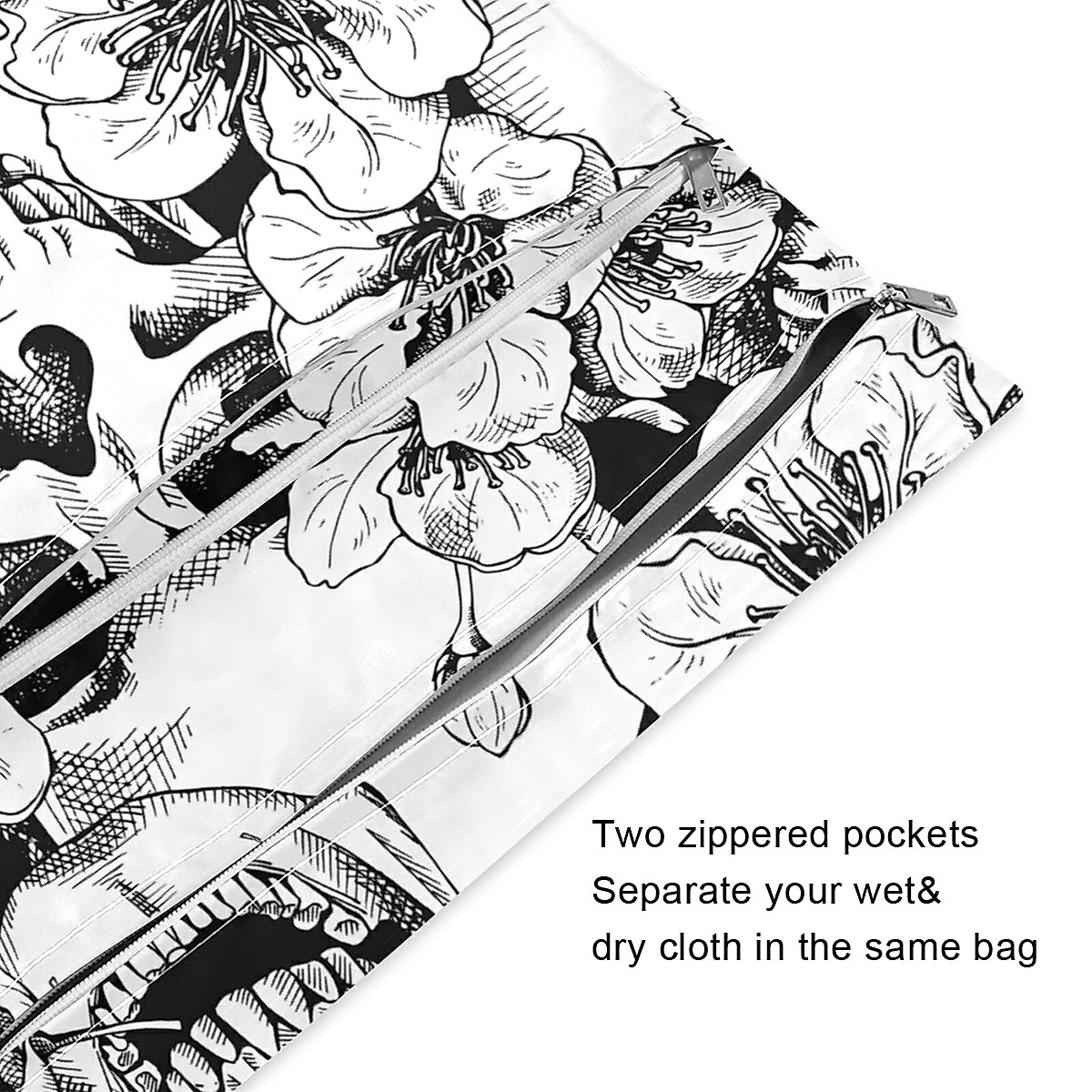 xigua 2 Pack Wet Dry Bags for Cloth Diaper Waterproof Swimsuits Bag with Handle Wristlet for Travel Beach Pouch, Abstract Skull Black White