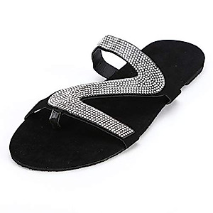 POTO Sandals for Women Casual Summer Rhinestone Glitter Flat Sandals Slide Sandal Roman Shoes Beach Flip Flops Slippers Silver