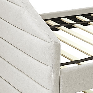 OMGO Linen Upholstered Queen Size Daybed with Two Storage Trundle Drawers, Solid Wooden Sofa Bed Frame w/Tufted Decorate, No Box Spring Needed, Space-Saving Design