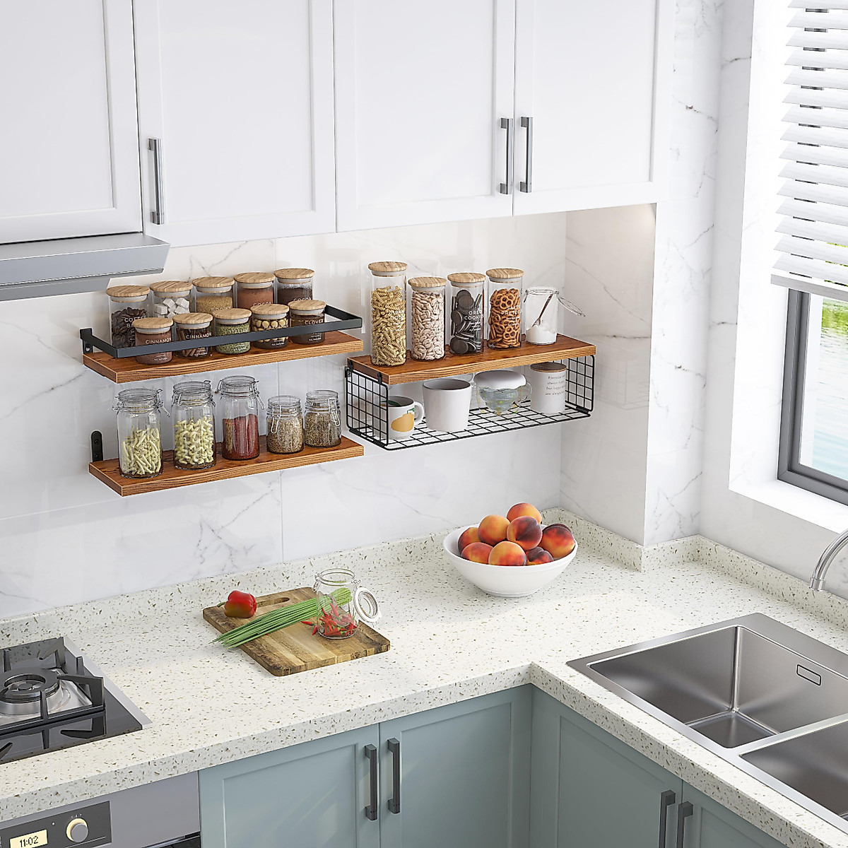 Eunvabir Floating Shelves for Bathroom Storage Decor with Basket, Wood Wall Mounted Over The Toilet Shelves, Hanging Shelf for Bedroom Kitchen Laundry Living Room Plants Farmhouse Organizer