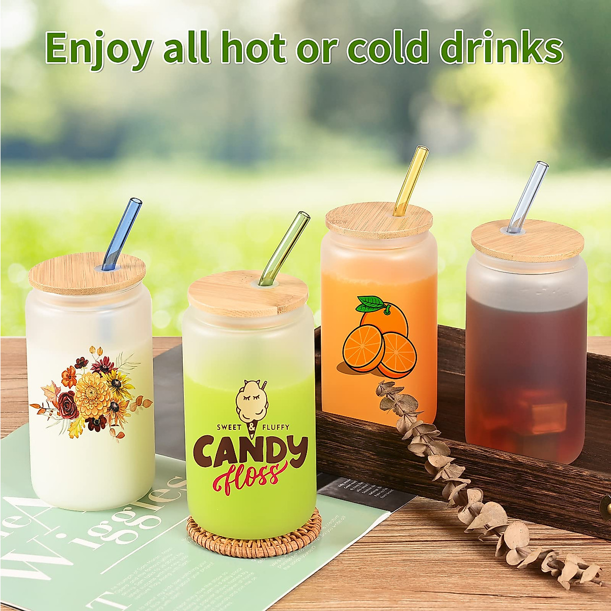 KIDJFGG Sublimation Glass Blanks With Bamboo Lid, 8pack 16OZ Frosted Sublimation Beer Can Glass with Glass Straws Gift Box Mason Jar Cups Mug Travel Tumbler for Beer, Juice, Soda, Iced Coffee, Drinks