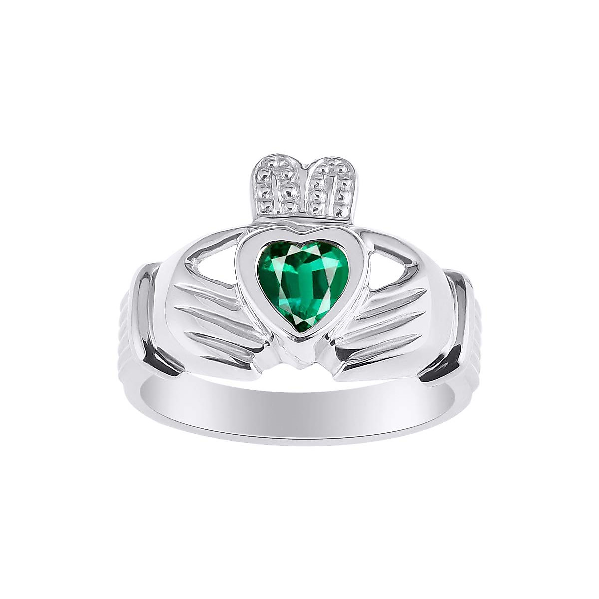 Rylos Rings Sterling Silver Claddah Love, Loyalty & Friendship Heart 6MM Gem Irish Wedding Band Claddagh Rings May Emerald Jewelry Size 11