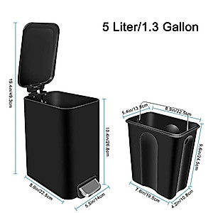 H+LUX Slim Small Bathroom Trash Can with Lid Soft Close,Black Small Trash can for Bathroom Bedroom Office with Removable Inner Wastebasket, Rectangular Foot Pedal Trash Bin, 5L/1.3Gal