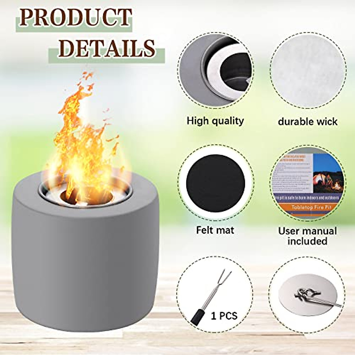 Tabletop Fire Pit with Roasting Stick Extinguisher Cover Tabletop Rubbing Alcohol Fireplace Concrete Outdoor Indoor Fireplace Portable Fire Bowl for Patio Balcony Garden Indoor Outdoor Decor Heater