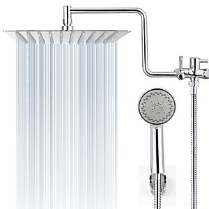 Nuodan Dual Shower Head, 10'' High Pressure Rain Shower Head / 5 Spray Handheld Showerhead Combo with 14'' Adjustable Shower Extension Arm, Hose and Adhesive Shower Holder (Chrome)