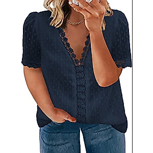 Happy Sailed Womens Plus Size Lace Crochet V Neck Boho Shirts Casual Loose Short Sleeve Chiffon Blouses Tops,4X Blue