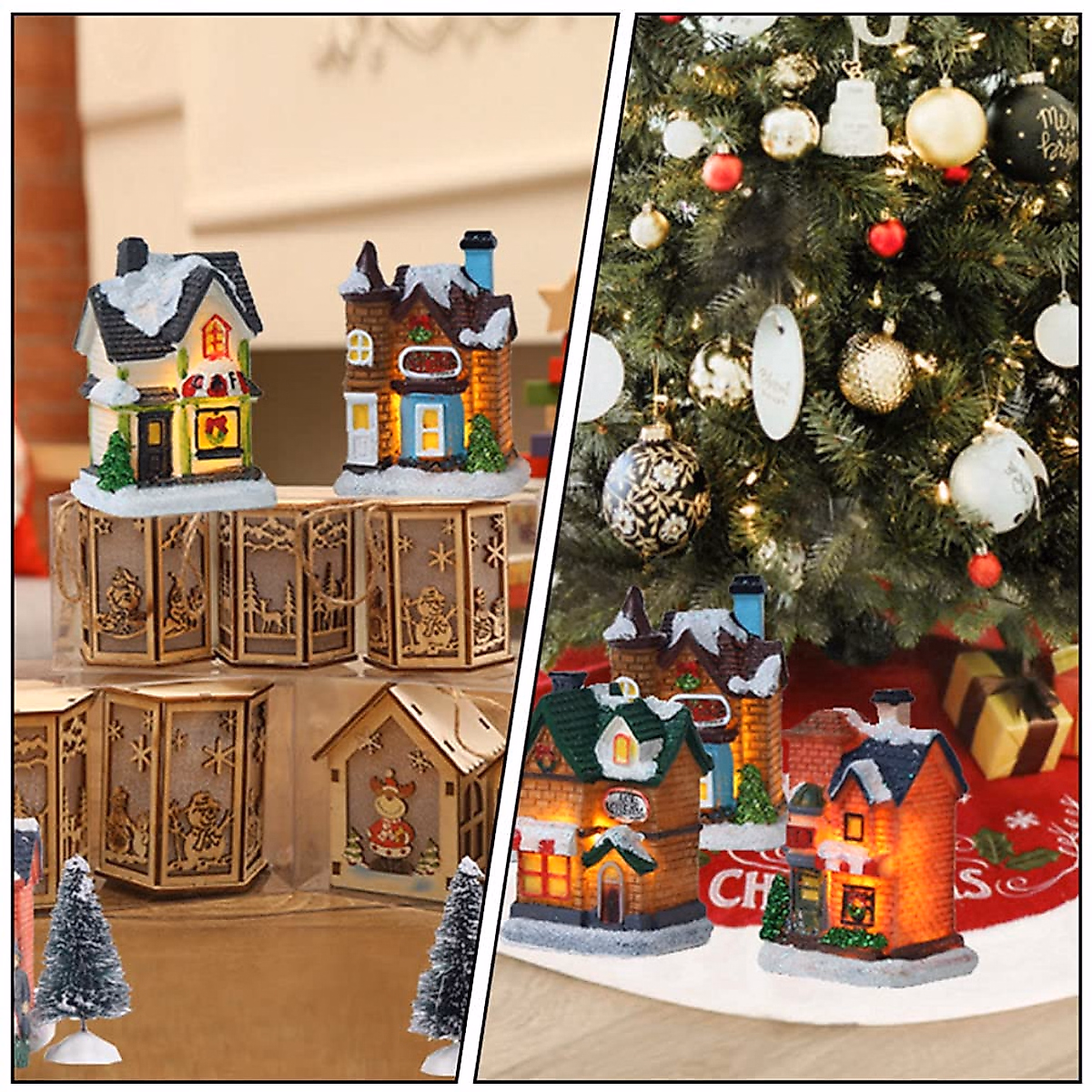 SEWACC 1Set Luminous House Ornament Christmas Cabin Decor Light up Christmas Village Santa Claus Ornaments Home Decorations Xmas Party Decor Desktop Resin Wooden House