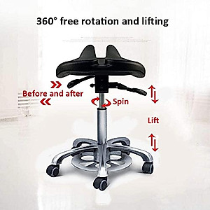 Rolling Swivel Stool Saddle Chair Stool on Wheel， Nail Stool with Blue PU Synthetic Leather Seat， Adjustable Height 43- 55 cm， Supported weight 160 Kg， Adjustable Swivel Rolling Stool for Breakfast Co