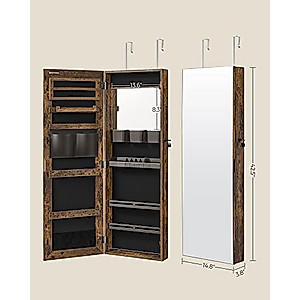 SONGMICS Jewelry Cabinet Armoire, Wall/Door Mount Storage Organizer with Full-Length Mirror, Lockable Cabinet with Built-in Small Mirror, Shelves, Gift Idea, Rustic Brown UJJC003X01