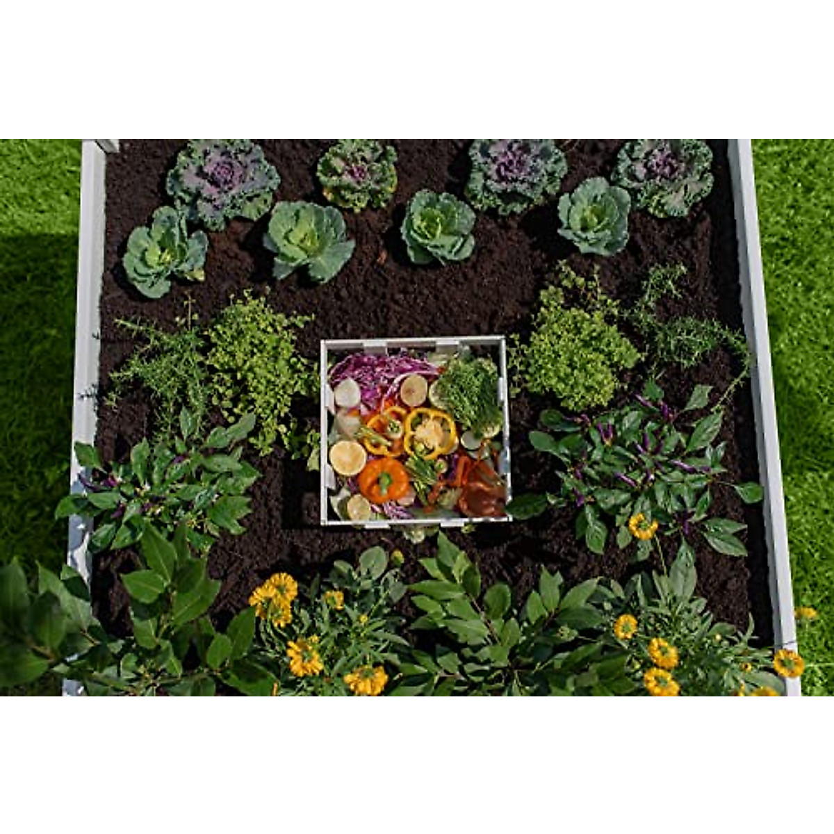 Vita Classic 4 Foot x 4 Foot x 22 inch Keyhole Garden Bed with Composting Basket, White, PVC, BPA and Pthalate Free, VT17101