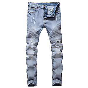 ZLZ Slim Fit Biker Jeans, Men's Super Comfy Stretch Skinny Biker Denim Jeans Pants, Size 36 (Light Blue)