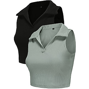 Womens 2 Pack Workout Crop Tops Collared Sleeveless Ribbed Tank Top Athletic Golf Polo Shirts Exercise Gym Yoga Tops