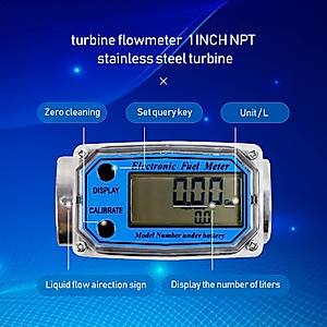 Watflow 1“NPT Turbine Flow Meter with Digital LCD Display for Measuring Diesel Kerosene Gasoline by Gallon, Aluminum Stainless Steel, Blue, 5-50GPM