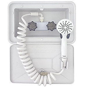 Awelife RV Outdoor Shower Exterior Shower Box Kit Coiled Hose for RV, Camper, Van, Travel Trailer, Motorhome and Boat, White