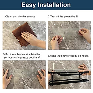 WEYEEN Shower Caddy Bathroom Shelf, No Drilling Adhesive Bathroom Storage Organizer with 4 Hooks, Rustproof Stainless Steel Shower Shelf for Inside Shower & Kitchen Storage , 2 Pack (Black)