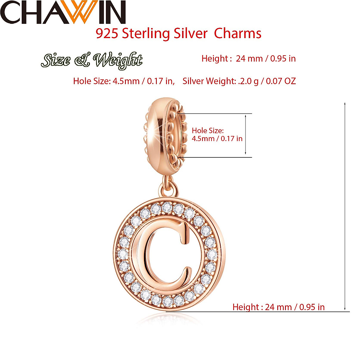 CHAWIN Initial C Letter Charms, Alphabet Charms Rose Gold, Authentic 925 Sterling Silver Charms fit Pandora Charm Bracelets, Necklace, Circle Dangle Charm Gift for Women, Sparkling Clear Stones