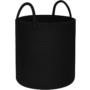 MINTWOOD Design Large 18 x 16 Inches Decorative Woven Cotton Rope Basket, Tall Laundry Basket Hamper, Blanket Basket for Living Room, Storage Baskets for Toys, Towel, Throw, Pillow, Full Black