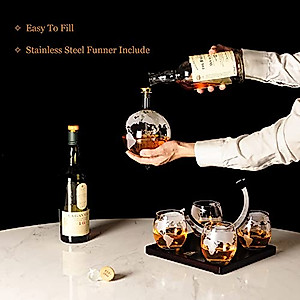LiquorKnight Globe Whiskey Decanter Set/Hand-Blown Lead-Free Glass/Wooden Stand/Liquor Dispenser Bar Set with 4 Glass/Whiskey Stones & Funnel/Antique Glass Ship/Home Bar Accessory