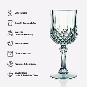 Efavormart 6 Pack | 8oz Black Crystal Cut Reusable Plastic Wine Glasses, Disposable Cocktail Goblets