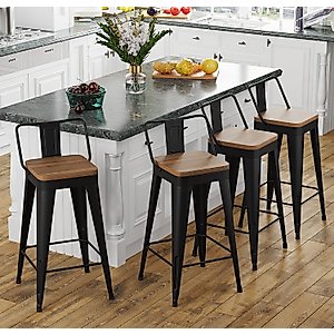 POINTANT Bar Stools Set of 4 Metal Bar Stool Counter Height Bar Stools Black, Modern Bar Chairs with Back and Wooden Seat 30" Bar Stools Counter Height