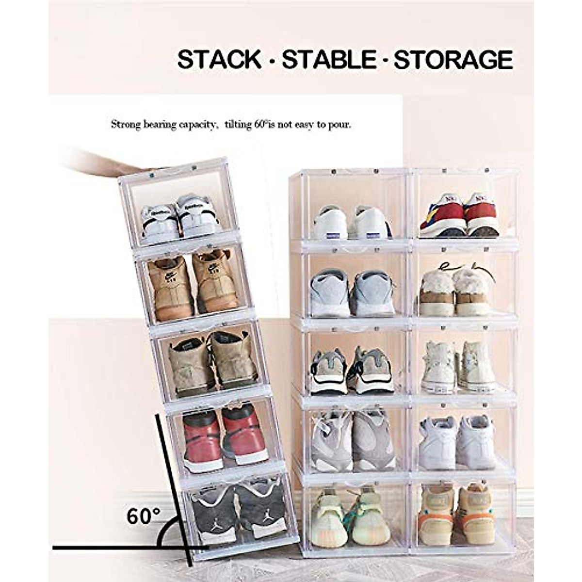 stackable sports shoe box, rear-opening magnetic door shoe box,Transparent Shoe Storage Container , large sturdy storage box | Family organization and storage (black, 4Piece)
