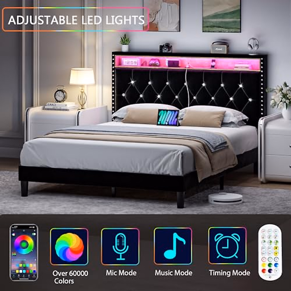 HOMBCK Queen Size Bed Frame with Led Lights, Storage Shelf Headboard, Black Velvet Upholstered, No Box Spring Needed, Noise-Free