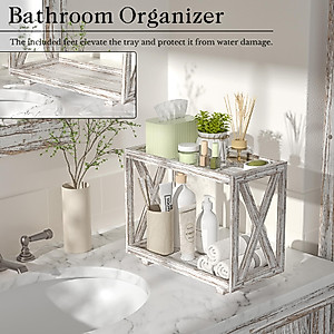 Tikea Bathroom Organizer Countertop, 2-Tier Bathroom Tray, Rustic Wood Vanity Organizer, Cosmetics Skincare Perfume Storage, for Kitchen, Bathroom, Dresser, Counter Decor (White)