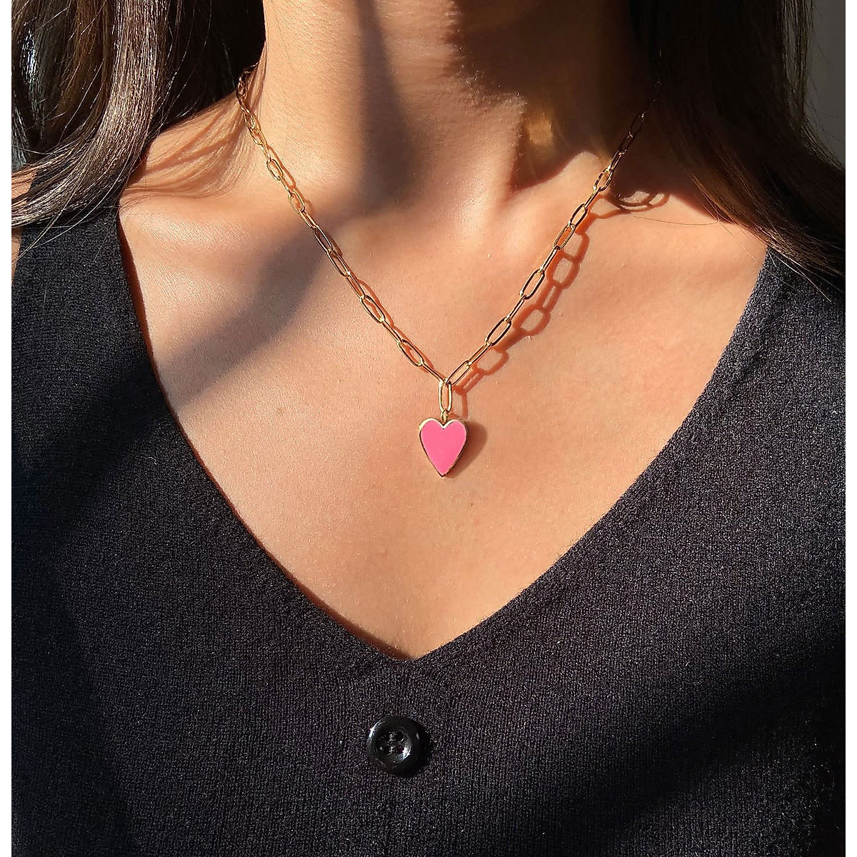 Pink Heart Necklaces For Women Trendy Hot Pink Necklace Preppy Jewelry Necklaces Heart Pendent Necklace Pink Jewelry Outfit For Women Paperclip Chain Necklace Pink Dress Accessories Red Heart Necklace