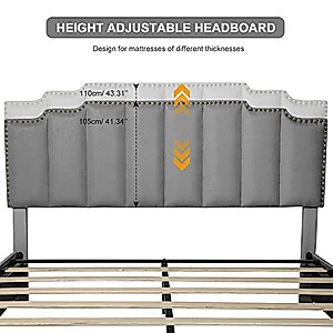 Origeture Queen Bed Frame with 2 Storage Drawers and Adjustable Headboard, Upholstered Linen Padded Platform Bed, Strong Wooden Slats Support, No Box Spring Needed, Easy Assembly, Noise-Free (Grey)