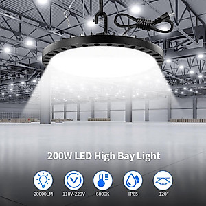 5 Pack LED High Bay Light 5000K 200W UFO High Bay Lights 21,000LM with US Plug Commercial Bay Lighting for Barn Garage Warehouse Car Wash Shop UFO Lights Hanging Chain