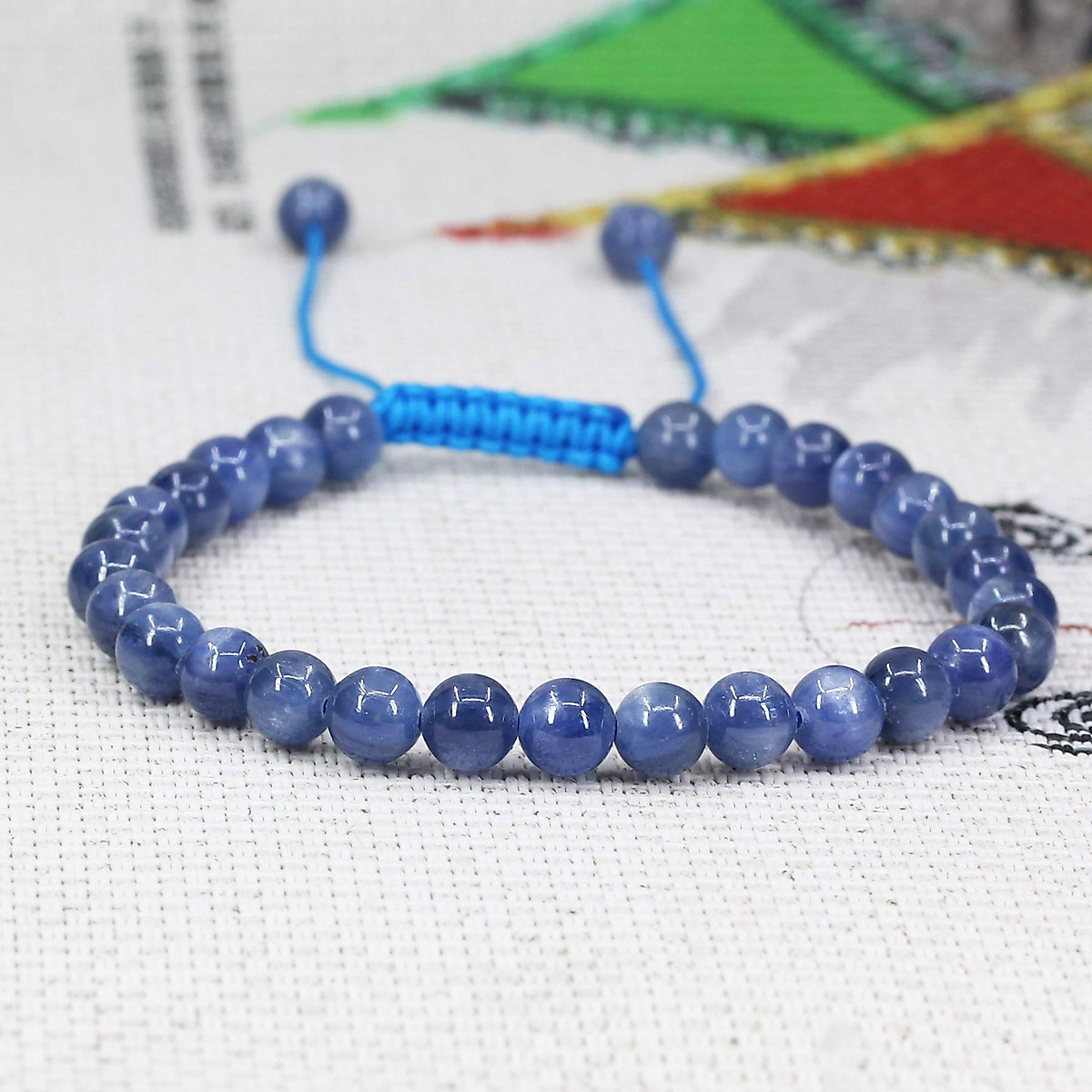 Keleny Natural Blue Kyanite Crystal 6mm Round Beads Adjustable Braided Macrame Tassels Bracelets Unisex