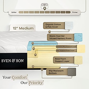 Sven & Son Gel Memory Foam Mattress, Premium Materials, CertiPUR-US, Made in The USA, 12 inch Medium - TwinXL