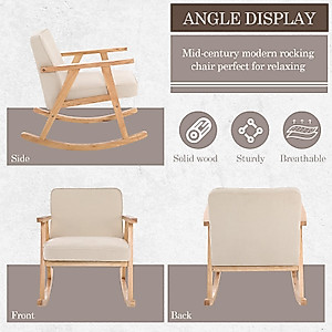 JEEOHEY Nursery Rocking Chair, Modern Upholstered Button Tufted Teddy Fabric Rocker Glider Chairs Single Sofa Armchair w/Solid Wood Legs, Side Pockets for Nursery Room, Living Room, White