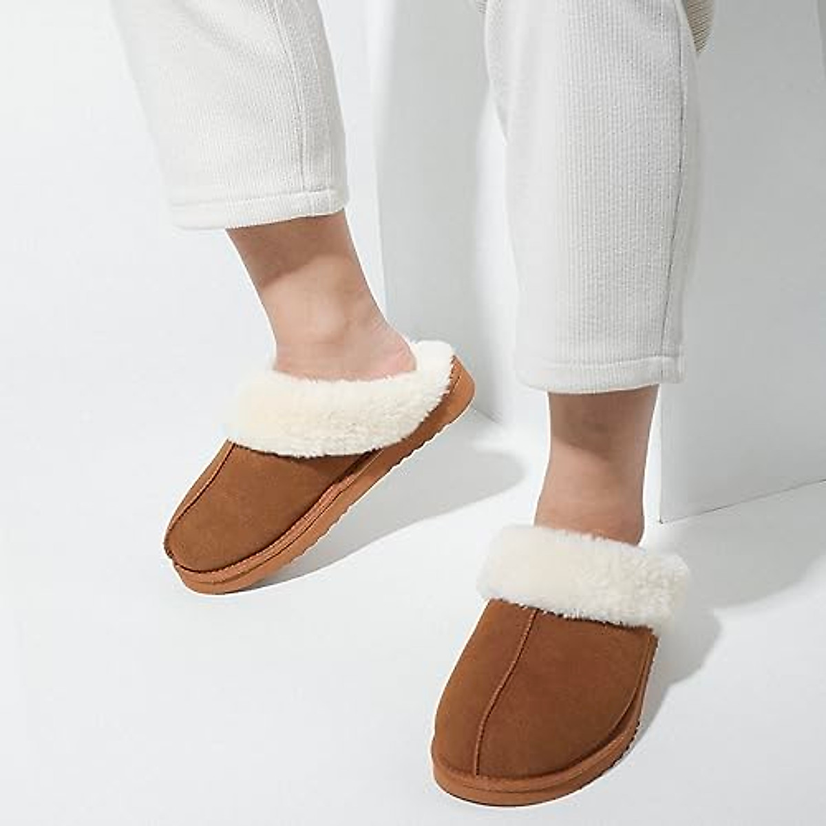 LazyStep Women's Fuzzy Memory Foam Slippers Fluffy House Shoes Indoor Outdoor(Tan,Size 7-8)
