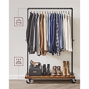 VASAGLE Clothes Rail for Bedroom, Heavy-Duty Clothes Rack, Industrial Pipe Rolling Garment Rack with Shelf, Top Rail Max. Load 90 kg, Laundry Room, Retail Store, Rustic Brown and Black HSR65BXV1