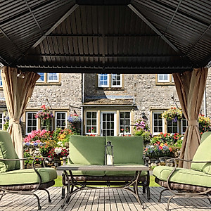 Aoodor 12 x 12 ft. Aluminum Frame Hardtop Roof Gazebo, Outdoor Patio 2-Tier Metal Roof Gazebo with Mosquito Netting and Curtains, Suitable for Patios, Garden and Backyard - Black