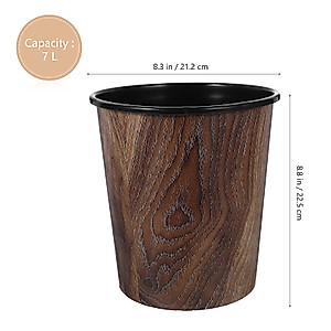 WOFASHPURET Plastic Trash Can, Vintage Small Trash Can, 1.83 Gallon Plastic Round Wastebasket Imitation Wood Grain Garbage Bin Brown Open Top Garbage Can for Office, Living Room, Hotel, Bathroom