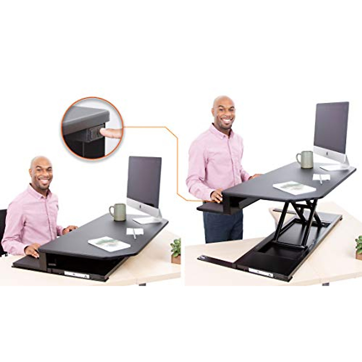 Flexpro Power 40 Inch Electric Corner Desk Converter for Cubicles and L-Shaped Desks with Quiet Height Adjustments, Large Dual Level Sit to Stand Computer Workspace (Black, 44in x 32in)