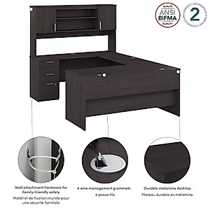 Bestar Ridgeley U Shaped Desk with Hutch in Charcoal Maple, 65W