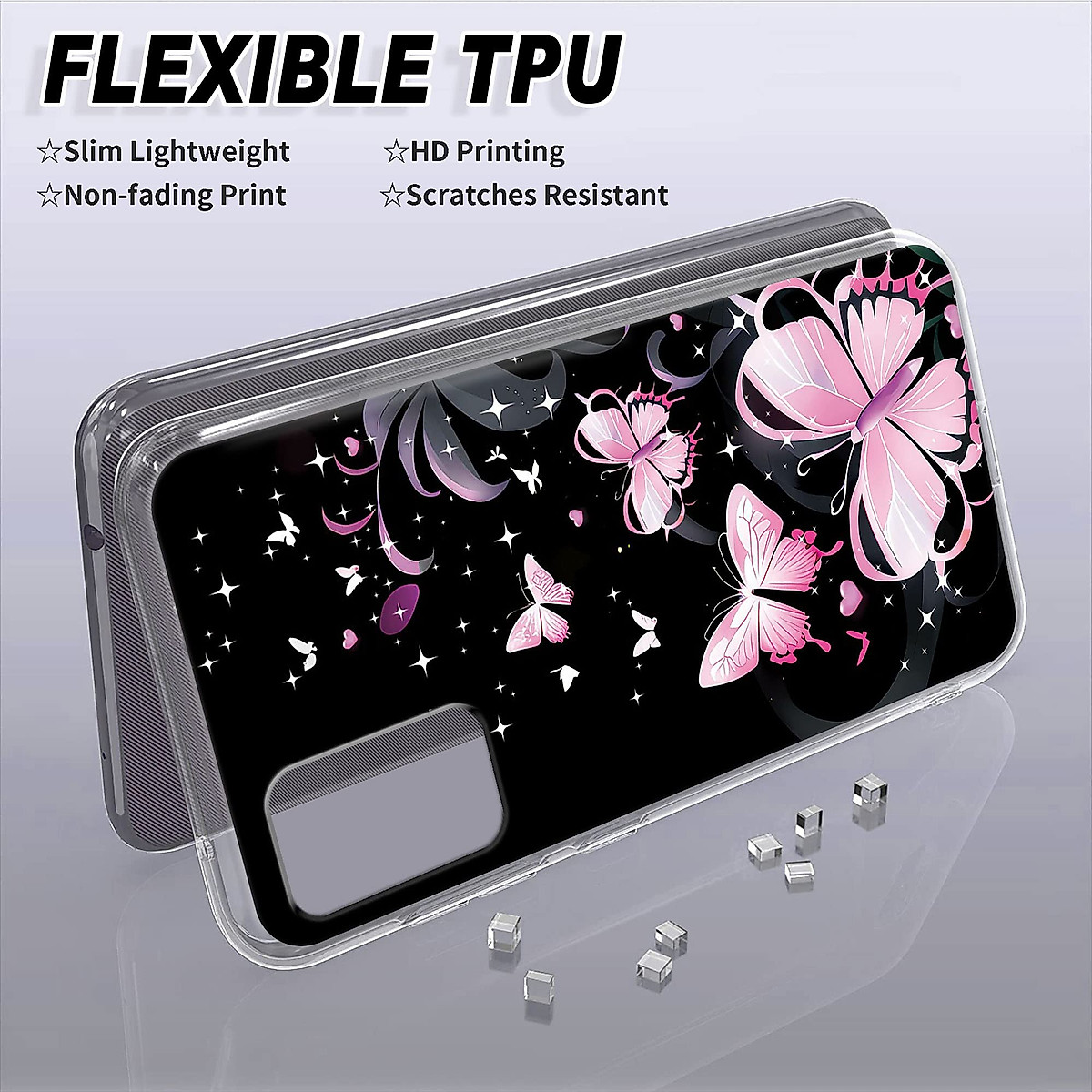 RYUITHDJP Galaxy A03S/A03 Case 6.5" with Glitter Bling Pink Butterfly Theme Design, for Samsung A03s Case Clear Stylish Transparent Durable Cover