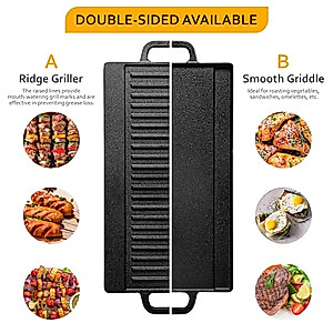 Velaze Cast Iron Reversible Griddle, Grill Pan Griddle Grill with Dual Handles,20Inchx9 inch,Black