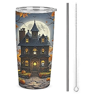 FHENMSA Stainless Steel Insulated Travel Coffee Mug,Moon Castle Print Reusable Car Cup,Thermal Cup for Outdoor with Straw And Lid