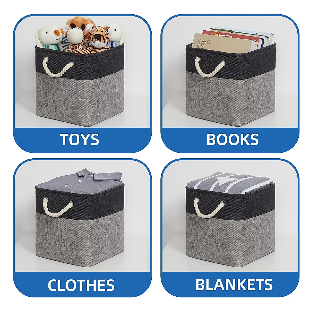 Temary Storage Baskets 4 Pack Fabric Storage Cubes Basket for Organizing Toys, Collapsible Cloth Baskets with Handles for Shelves, Nursery, Closet (Black&Gray)