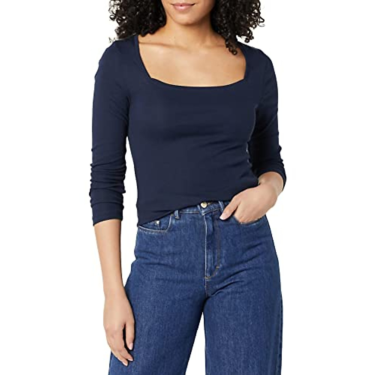 Amazon Essentials Women's Slim-Fit Long Sleeve Square Neck T-Shirt, Navy, XX-Large